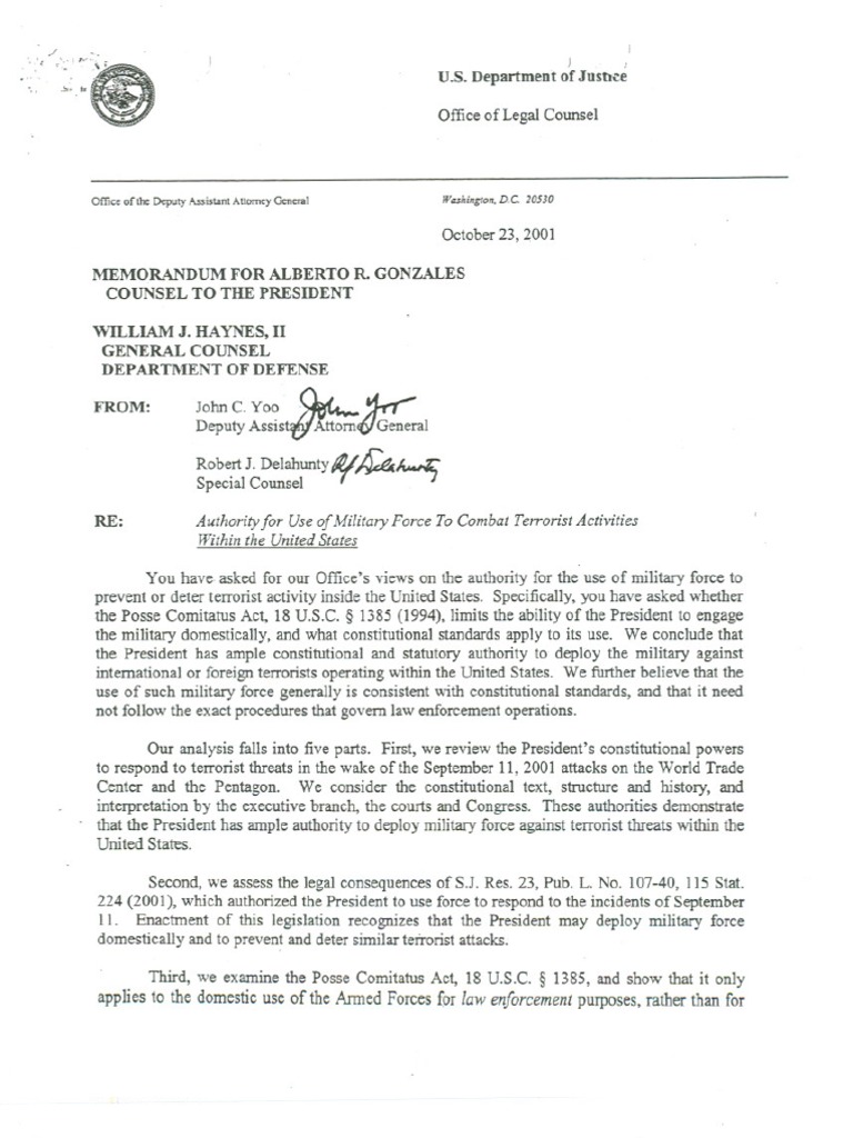 Memo Military Force Combat Us 10232001 | PDF