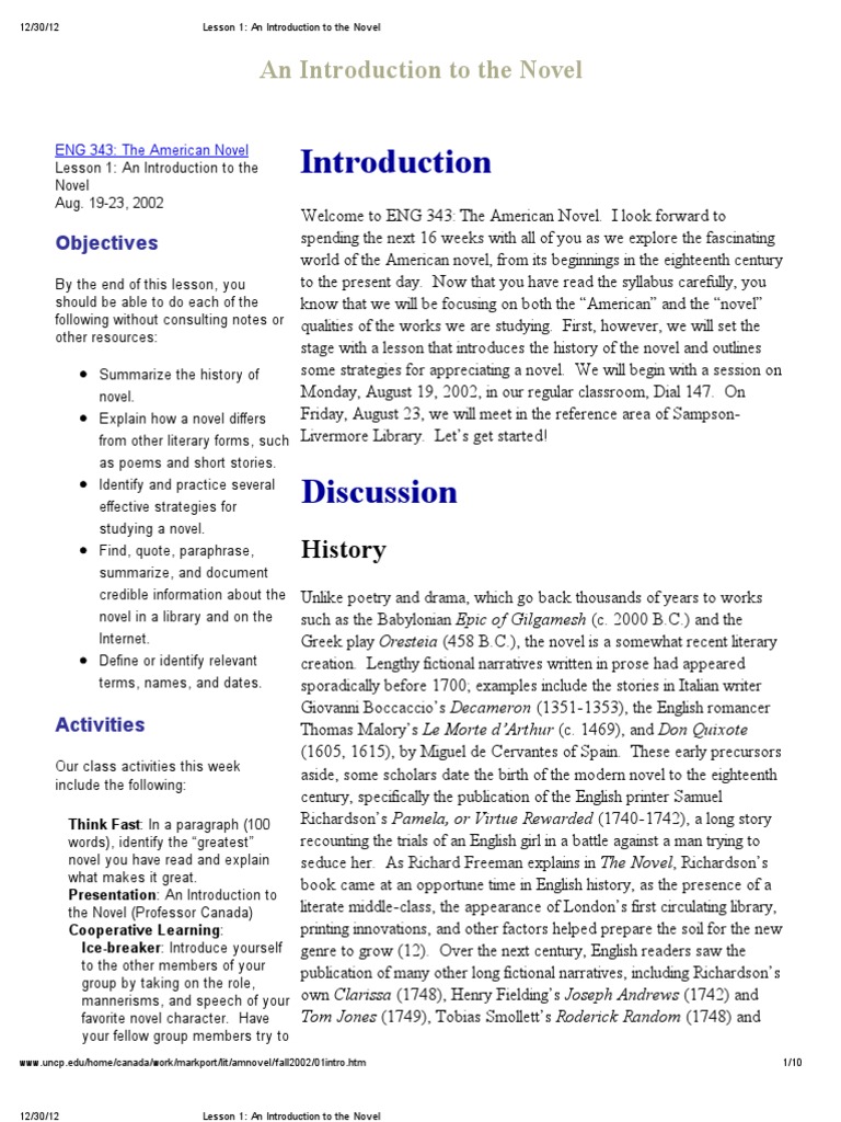 Lesson 1 - An Introduction To The Novel | PDF | American Literature ...