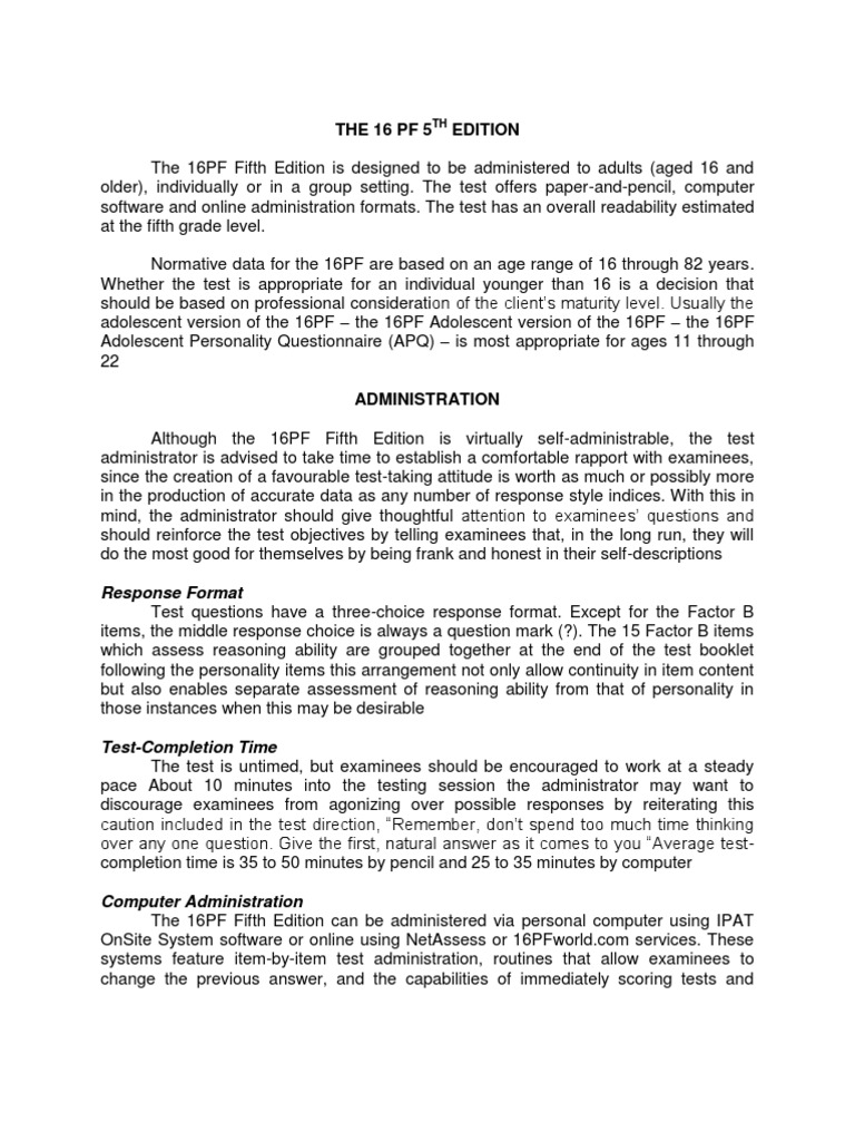 The 16PF Fifth Edition Is Designed To Be Administered To Adults | PDF ...