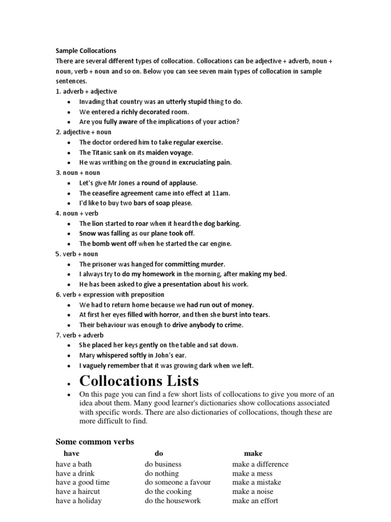 Sample Collocations | PDF | Adverb | Noun
