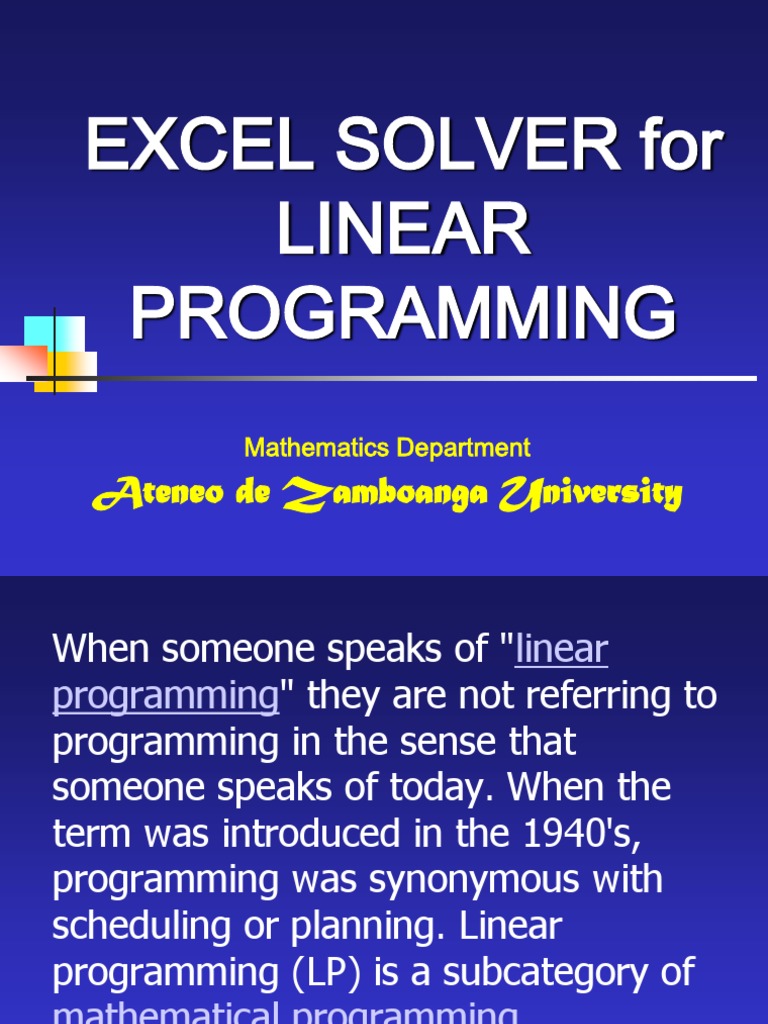 Excel Solver | PDF | Linear Programming | Mathematical Optimization Excel Solver | PDF | Linear Programming | Mathematical Optimization
