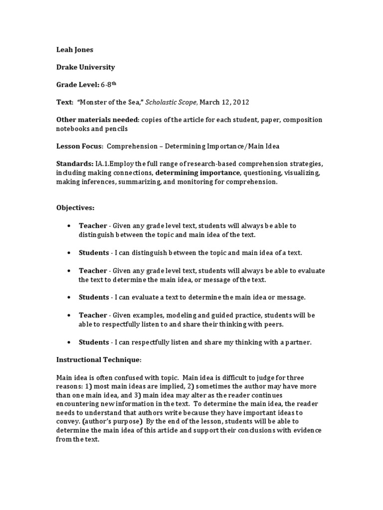 Main Idea Lesson Plan | PDF | Reading Comprehension | Education Theory