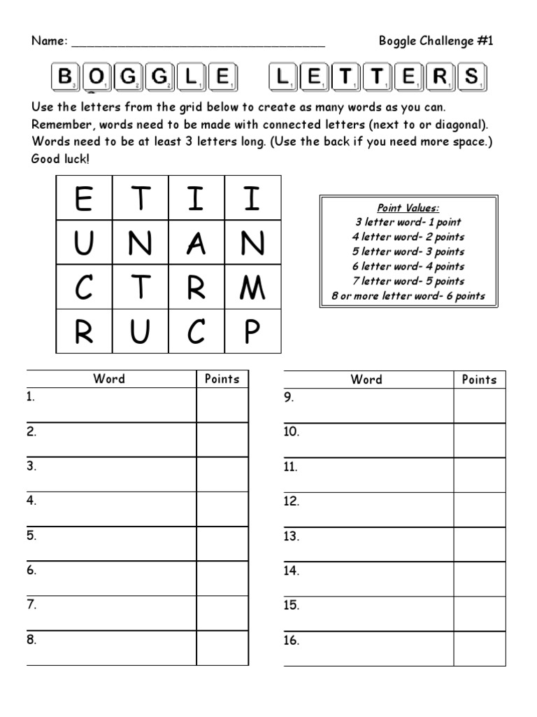 Boggle Sheets 1-20 | PDF | Gambling Games | Leisure Activities