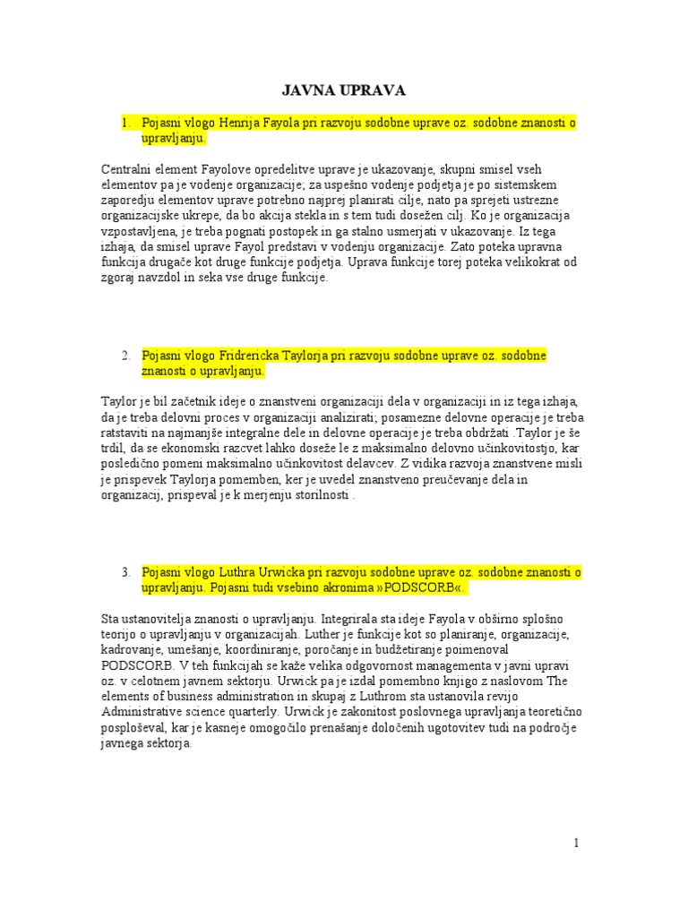 Javna Uprava - Vprašanja Za Izpit | PDF