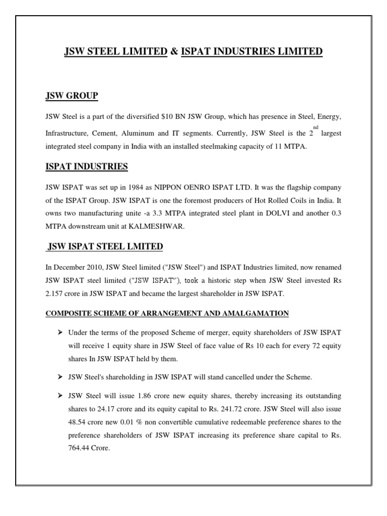 Merger of JSW Steel Limited & Ispat Industries Limited | PDF ...