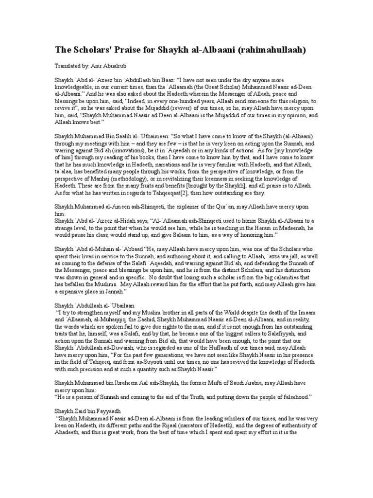 The Scholars Praise Al-Albani | PDF | Hadith | Quran