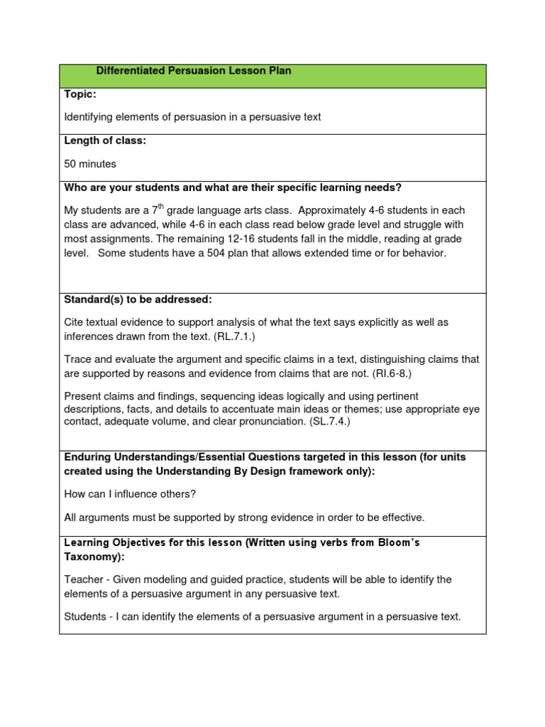 Differentiated Lesson Plan | PDF | Persuasion | Lesson Plan