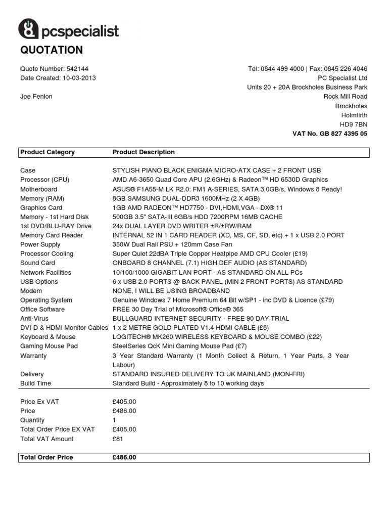 Quotation: VAT No. GB 827 4395 05 | PDF | Games & Activities ...
