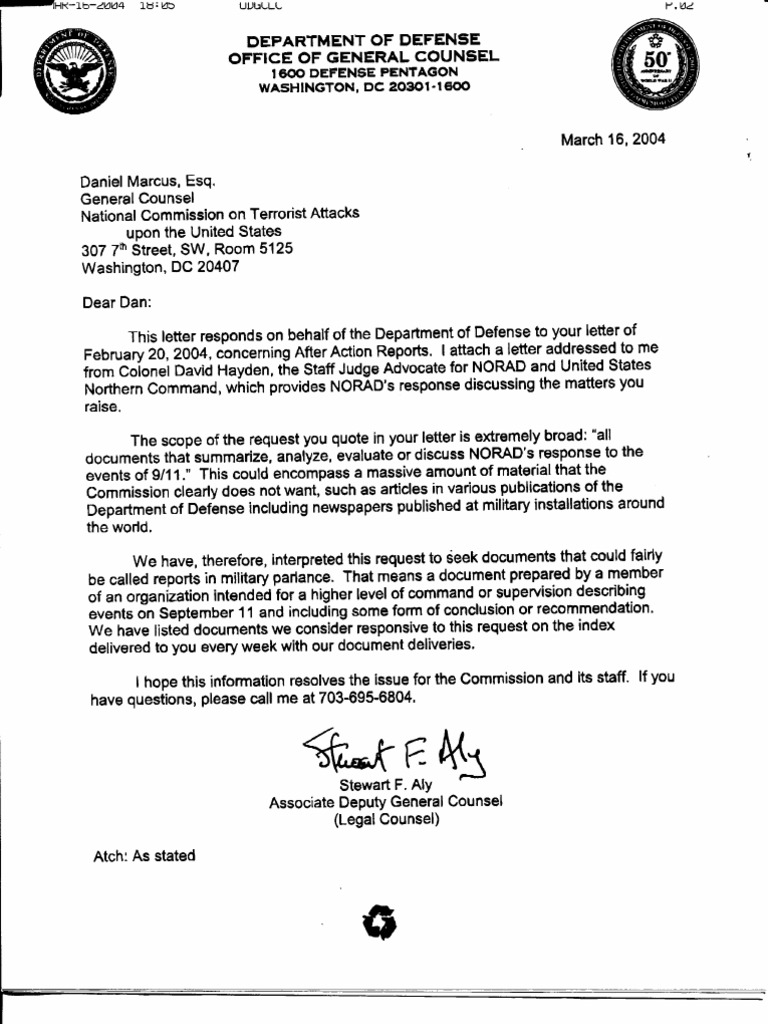 Defense Department Letter To 9/11 Commission About After Action Reports ...