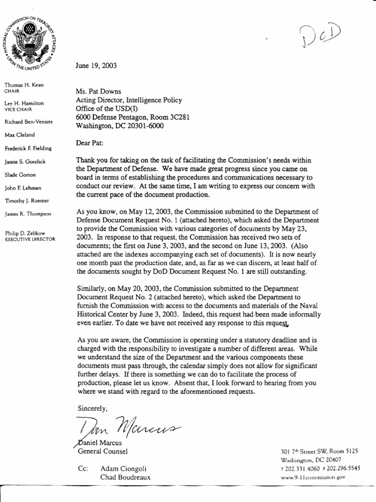 9/11 Commission Letter to Department of Defense Complaining about Lack ...