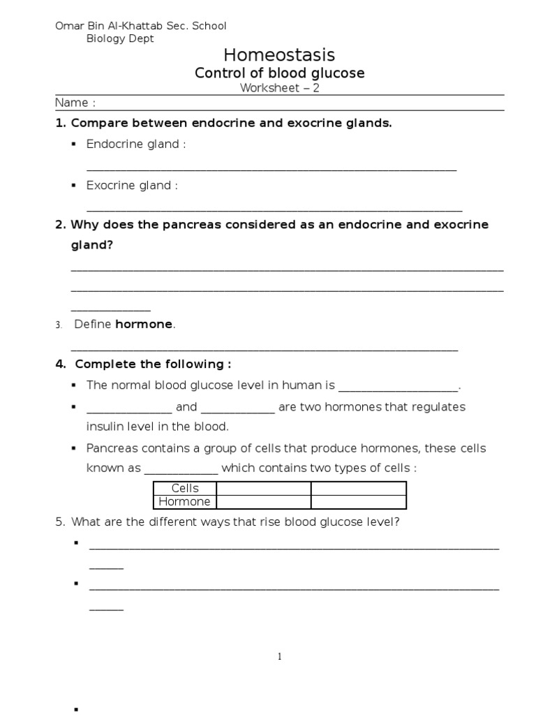 Blood Glucose Homeostasis Worksheet | PDF | Wellness