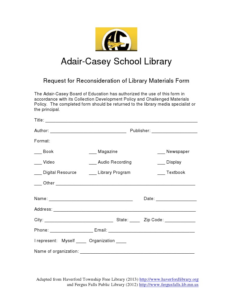 Adair-Casey School Library: Request For Reconsideration of Library ...