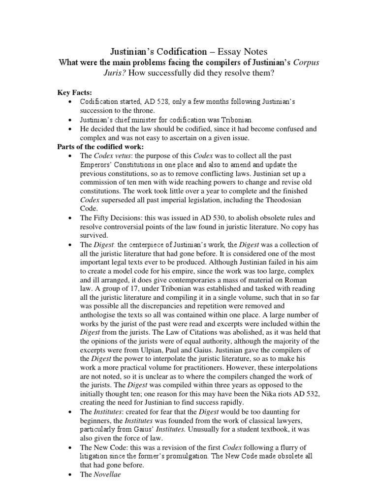 Justinian's Codification - Essay Notes | PDF | Codification (Law ...
