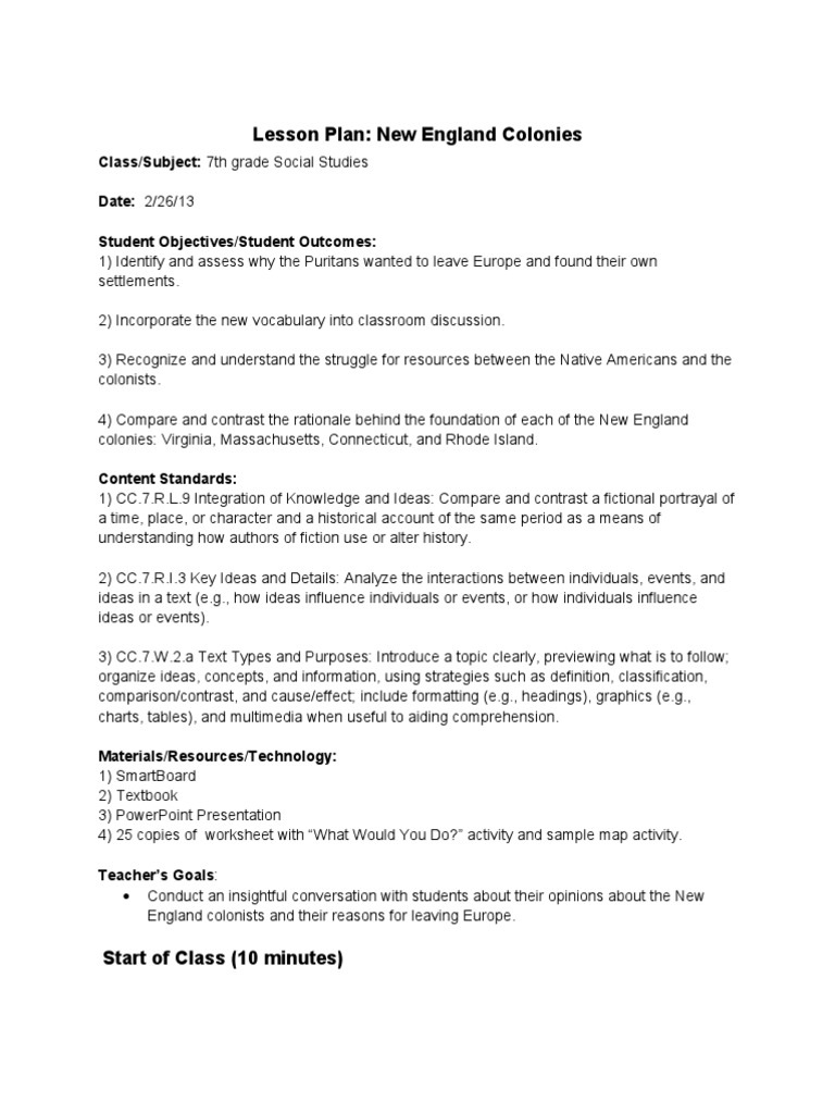 New England Colonies Lesson Plan | PDF | New England | Lesson Plan