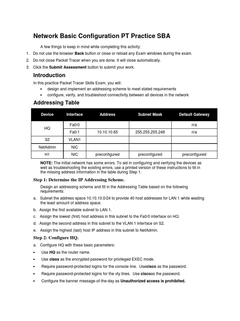 Network Basic Configuration PT Practice SBA | Download Free PDF ...