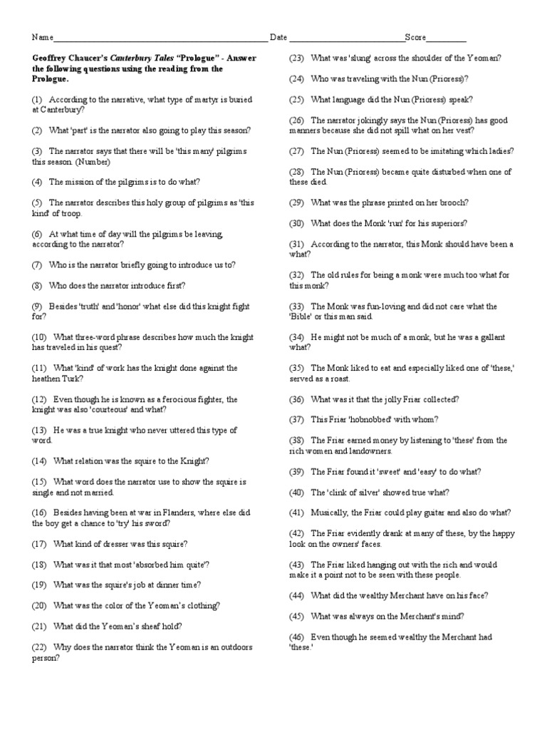 Canterbury Tales Prologue Questions | PDF | The Canterbury Tales | Nun