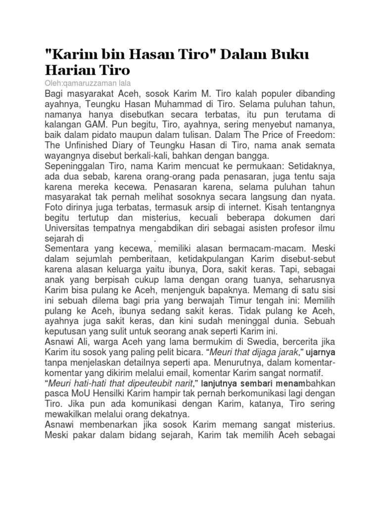 Karim Bin Hasan Tiro | PDF | Ilmu Sosial