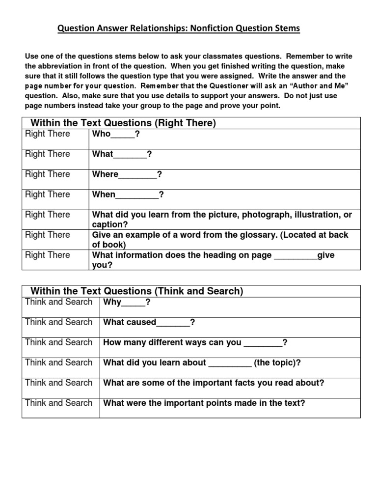 Nonfiction QAR Question Stems | PDF | Non Fiction