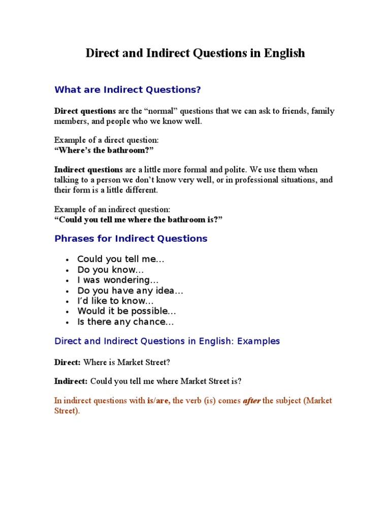 Direct and Indirect Questions in English | PDF | Question | English ...