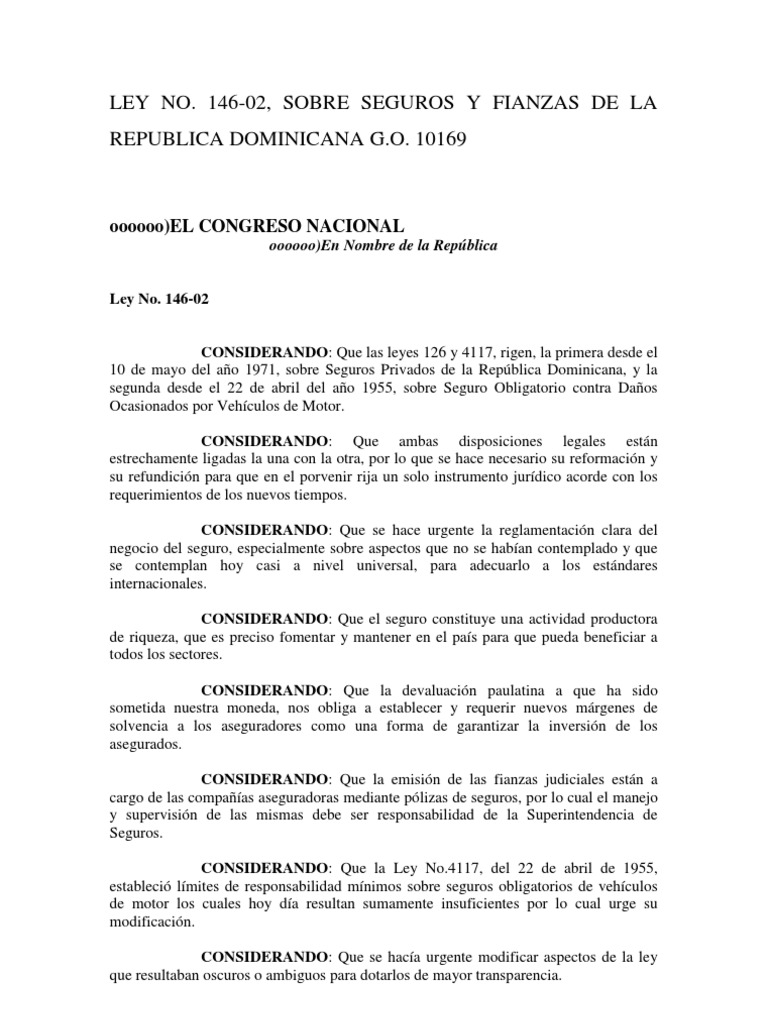 Ley No 146-02 Sobre Seguros y Fianzas | PDF | Póliza de seguros | Seguro