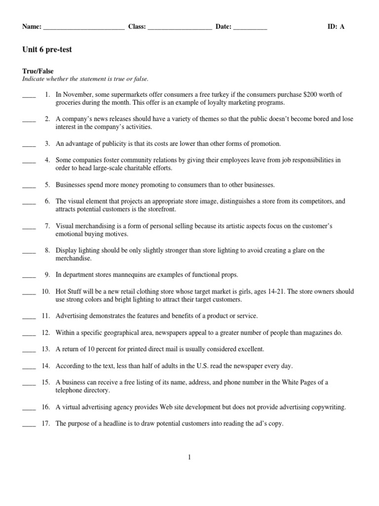 Examview - Unit 6 Pre-Test | PDF | Advertising | Retail