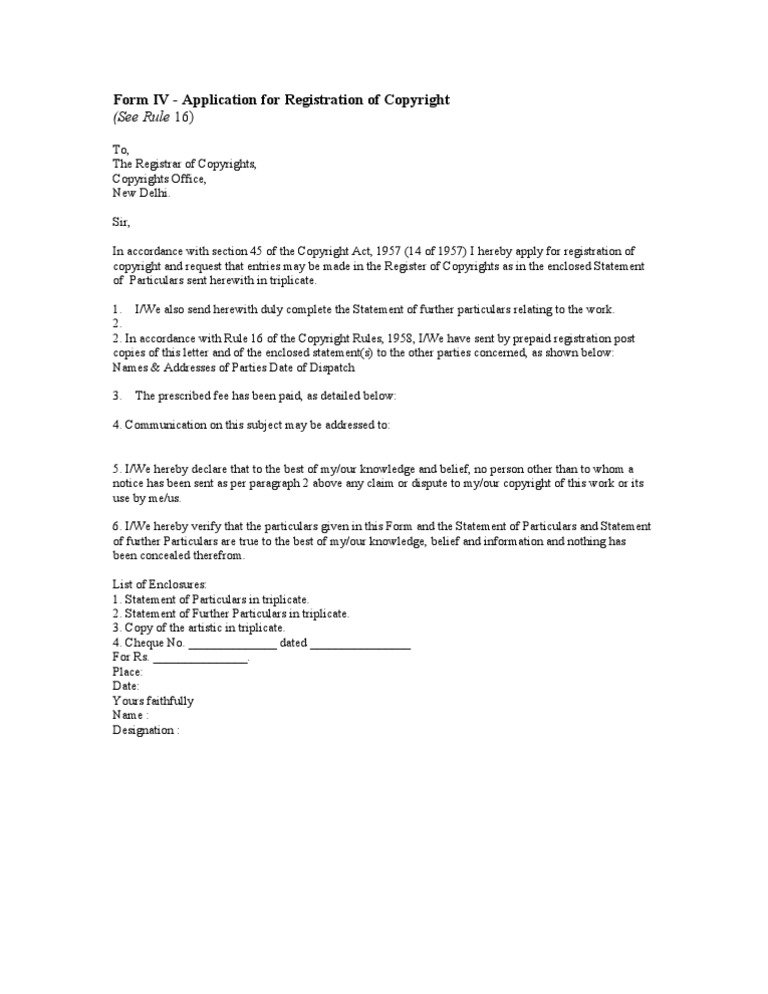 Application For Registration of Copyright Form IV | PDF