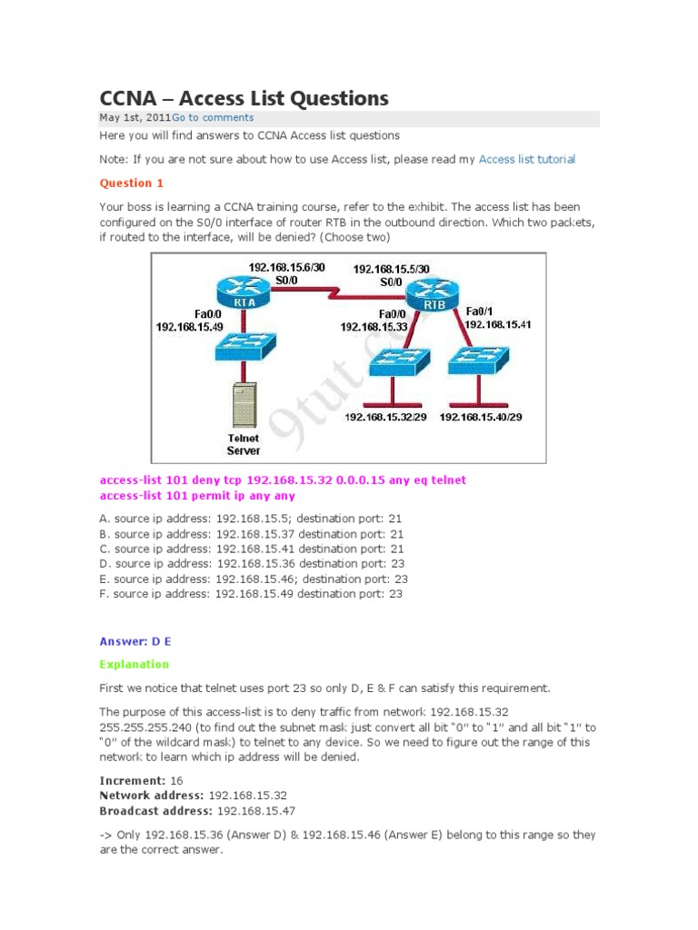 CCNA Access List QuestionsCCNA access list questions | Ip Address | Wide Area Network