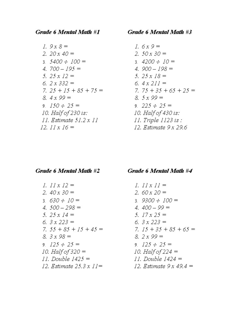 Grade 6 Mental Math | PDF | Arithmetic | Numbers