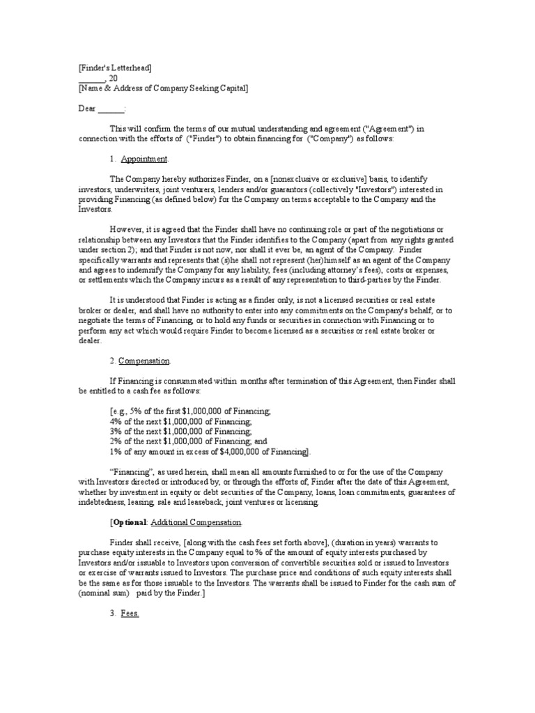 Finders Fee Agreement for Financing | PDF | Warrant (Finance ...