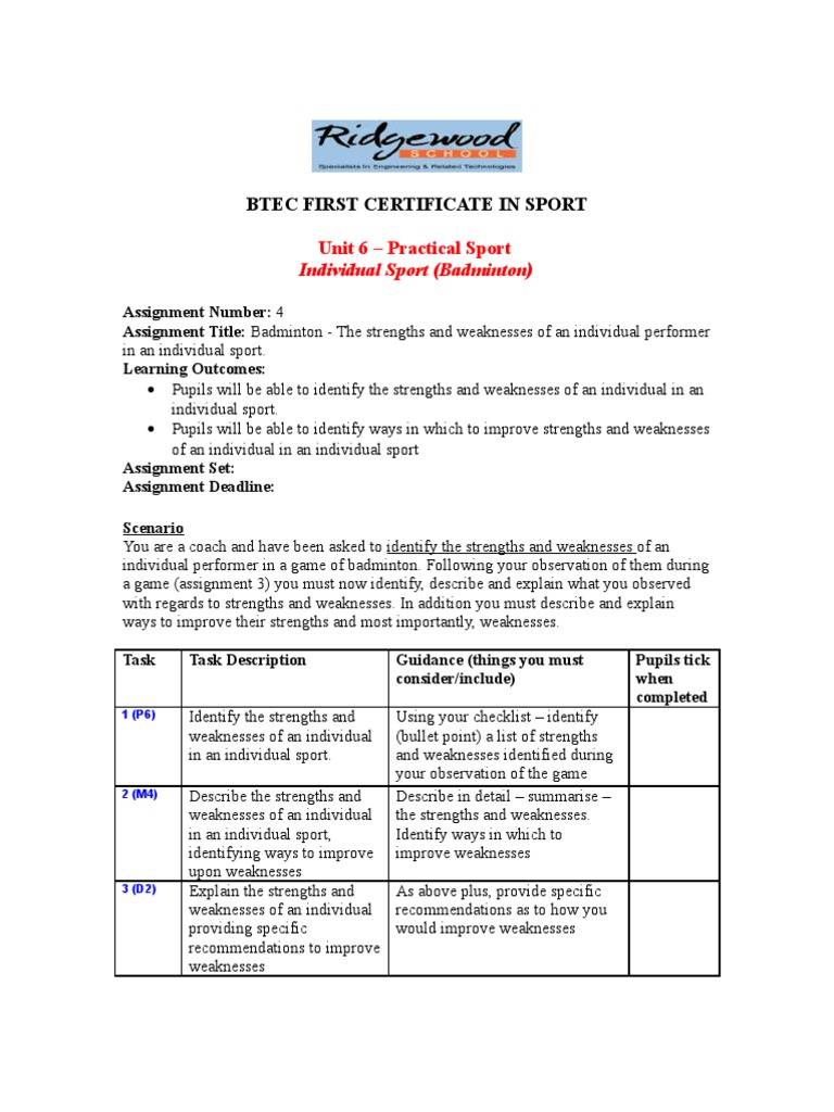 Btec First Certificate in Sport Unit 6 - Practical | PDF | Education ...