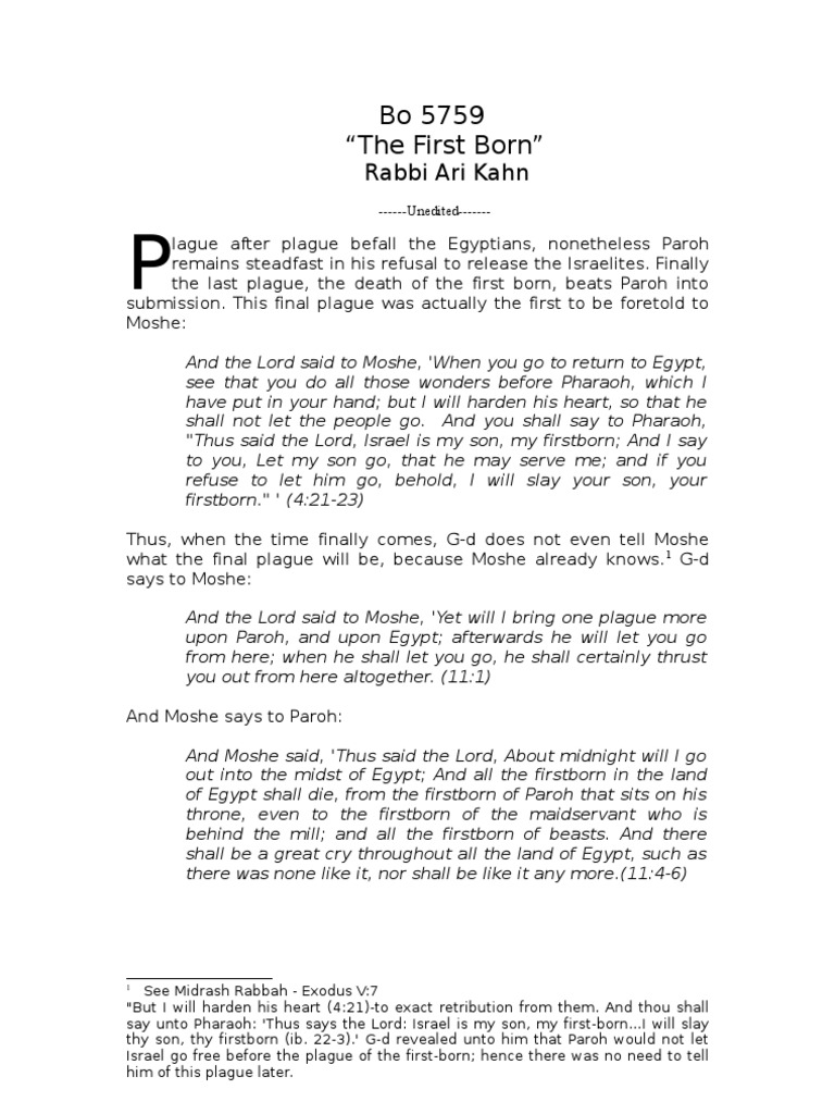 Bo 5759 "The First Born": Rabbi Ari Kahn | PDF | Bereshit (Parsha ...