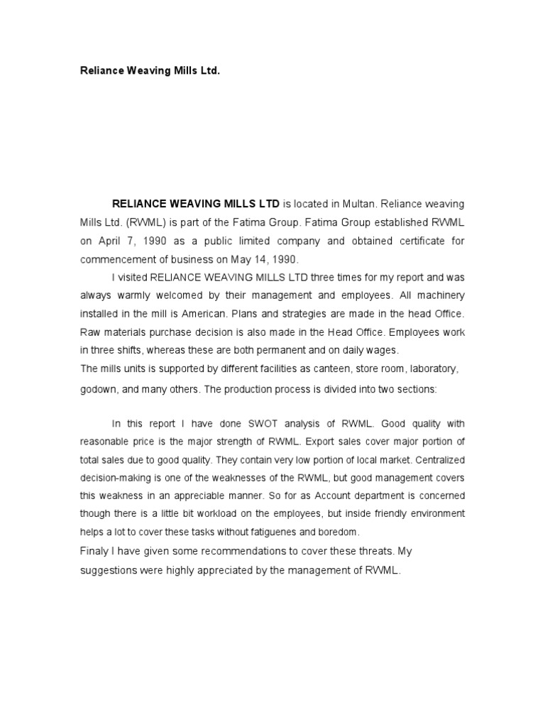 Relience Weaving Mills LTD New | PDF | Weaving | Spinning (Textiles)