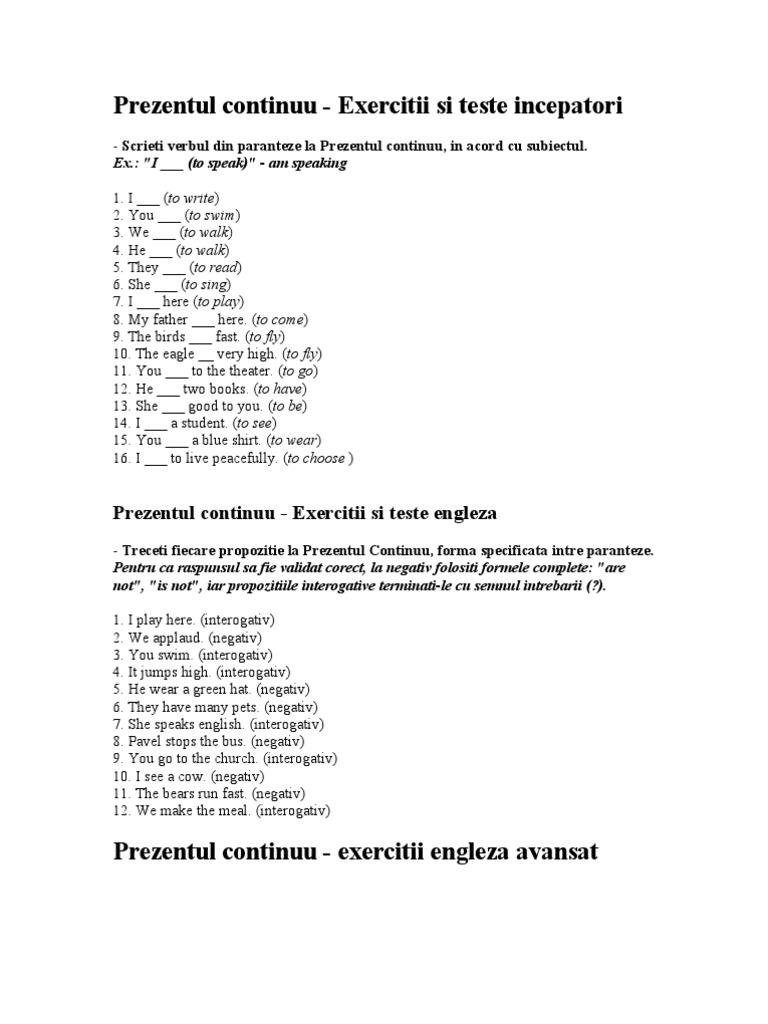 Prezentul Continuu - Exercitii Si Teste Engleza | PDF