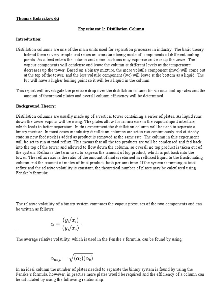 Distillation Column Lab Experiment | PDF | Distillation | Chemistry