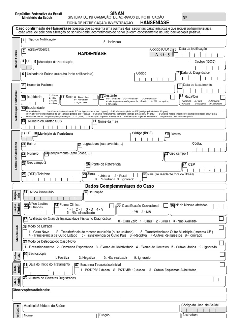 ANEXO I - Ficha de Notificacao Do Sinan | PDF | Lepra | RTT