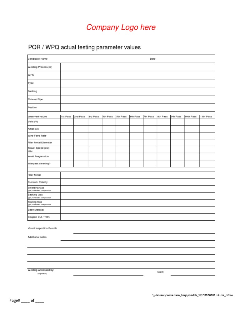 PQR & WPQ Standard Testing Parameter Worksheet | Welding | Construction