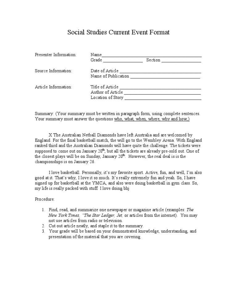 Social Studies Current Event Format: New York Times, "The Star Ledger ...