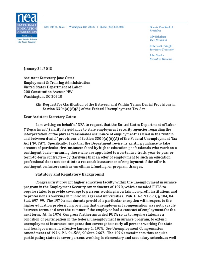 NEA letter to DoL 1/31/12 | Unemployment Benefits | Employment | Free ...