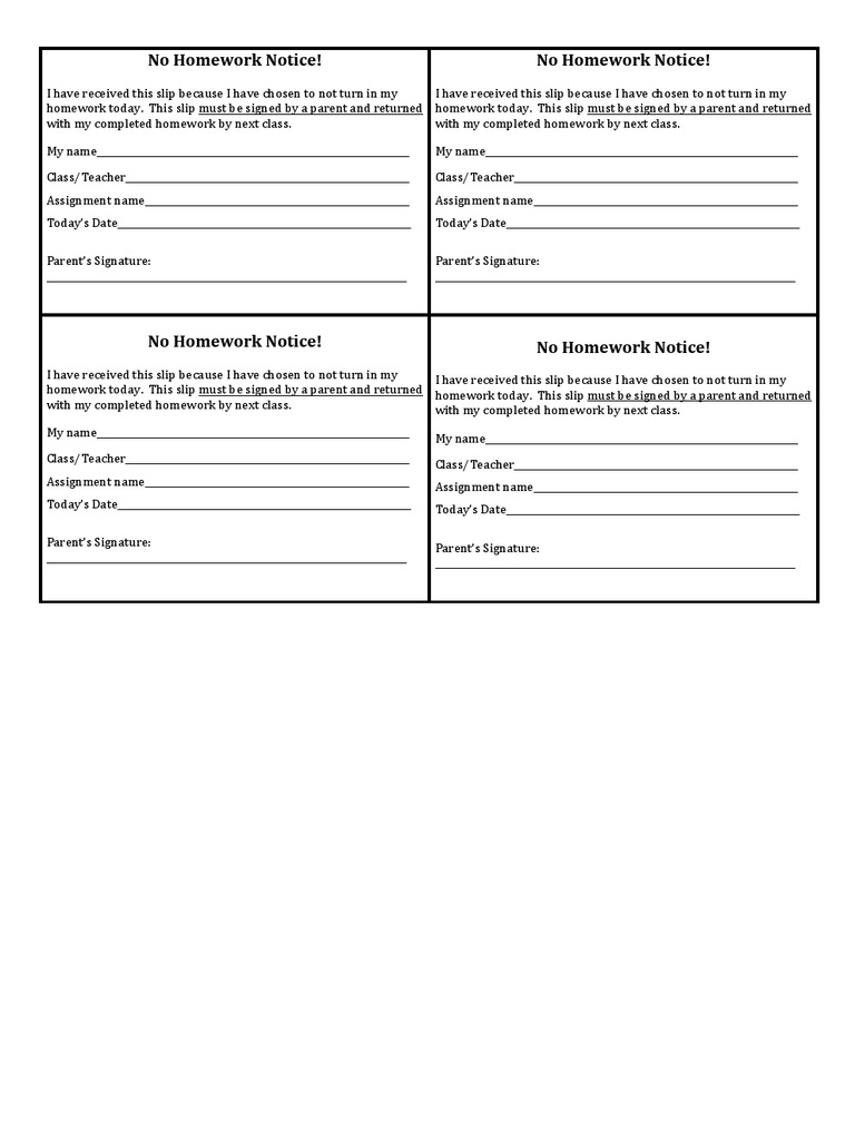 No Homework Notification Slip | PDF | Career & Growth