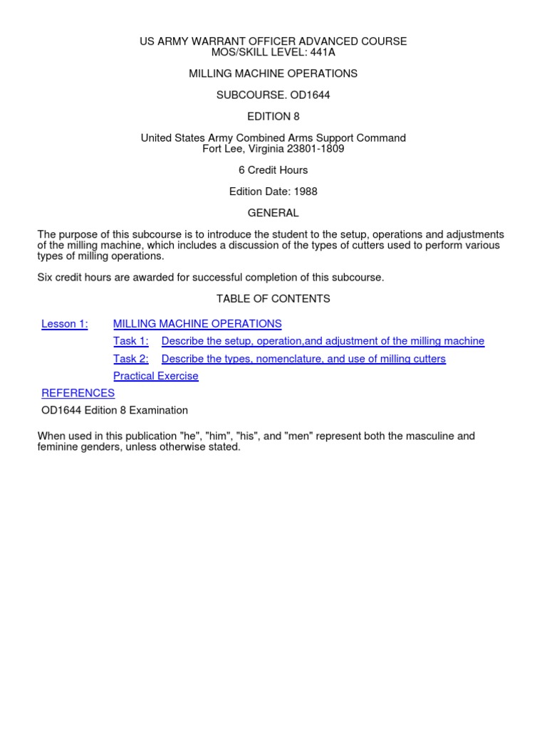 Army Machinist Milling Machine Operations | PDF