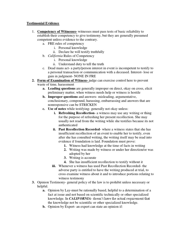 Testimonial Evidence Cheat Sheet | PDF | Witness | Expert