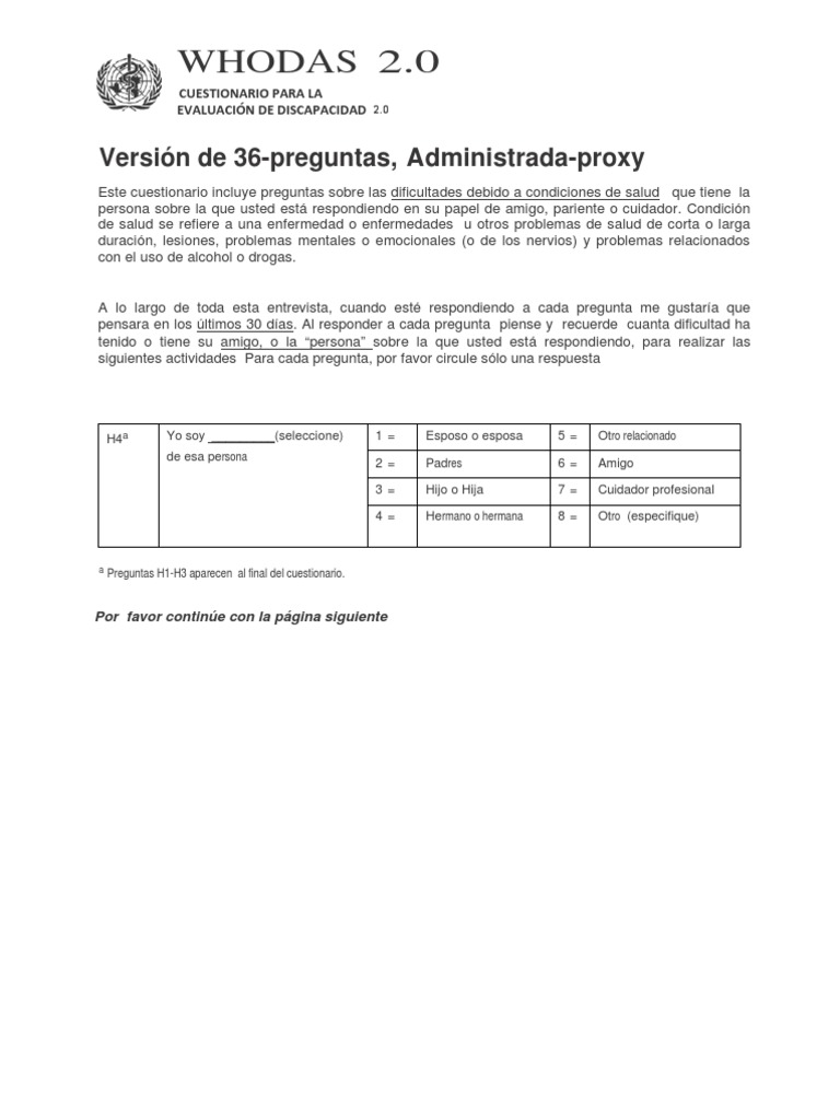 Whodas 2.0 - 36 Items Proxy - Spanish | PDF | Cuestionario | Sicología