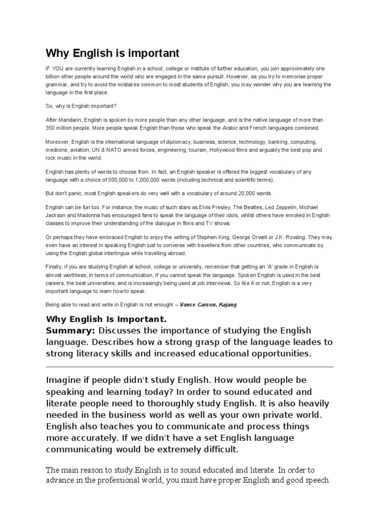 Why English Is Important | PDF | English Language | Literacy