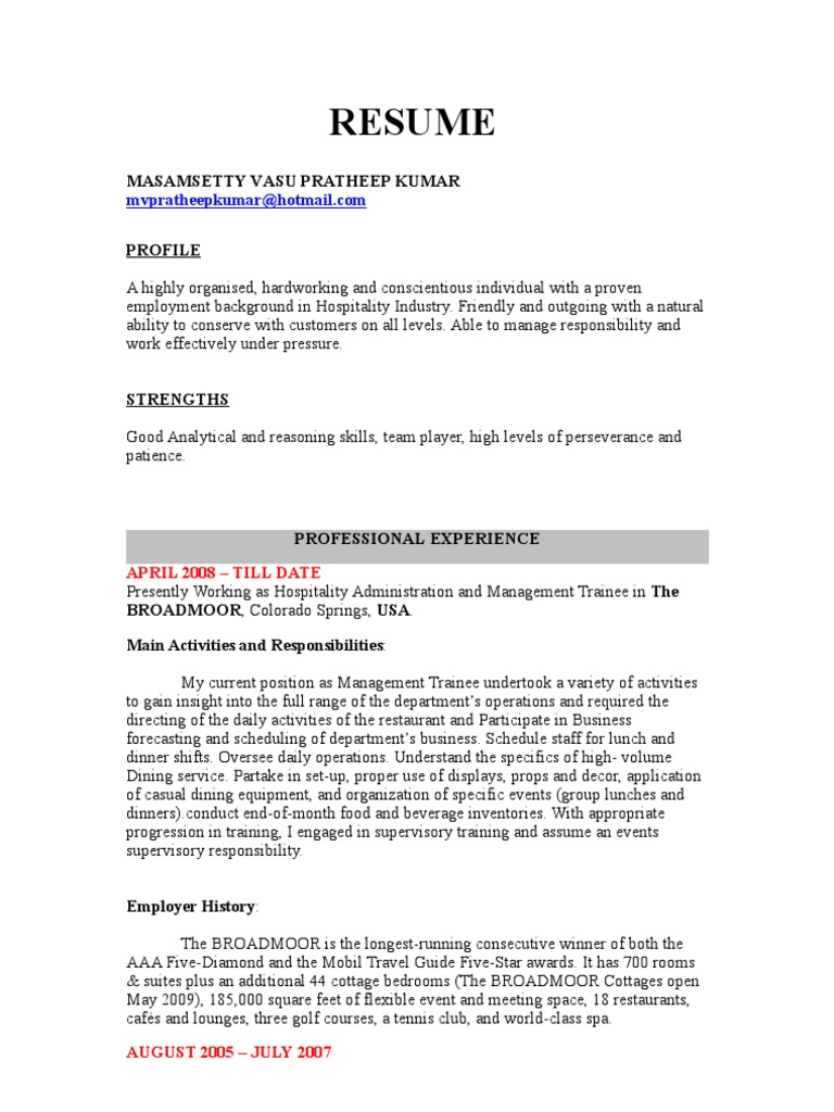 Resume: Masamsetty Vasu Pratheep Kumar | PDF | Hotel | Restaurants
