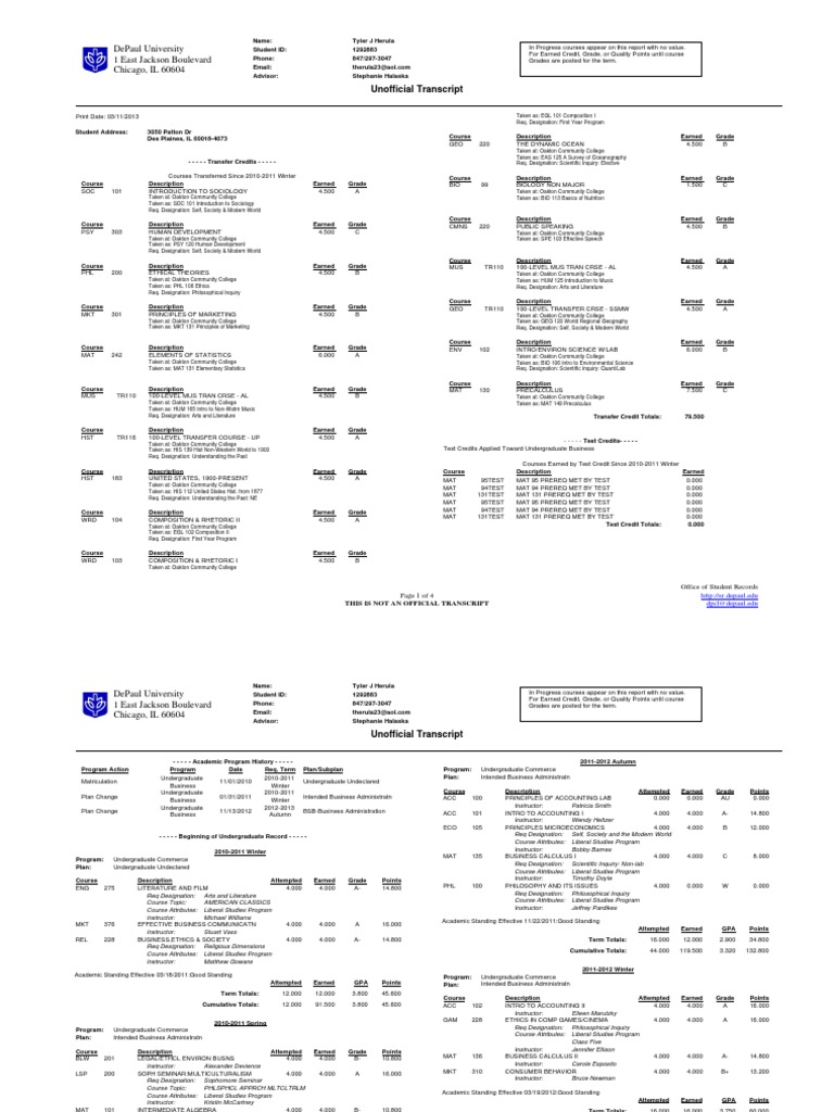 Tyler's Academic Transcript | PDF | Grading (Education) | Liberal Arts ...