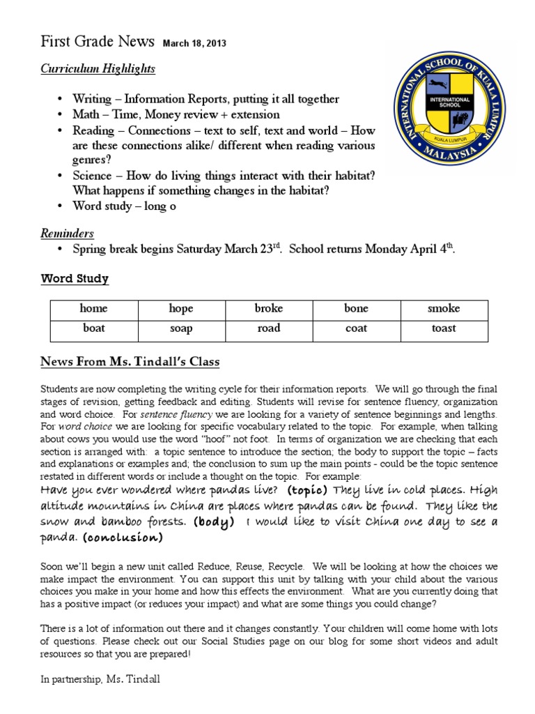 First Grade News: Curriculum Highlights | PDF | Cognition