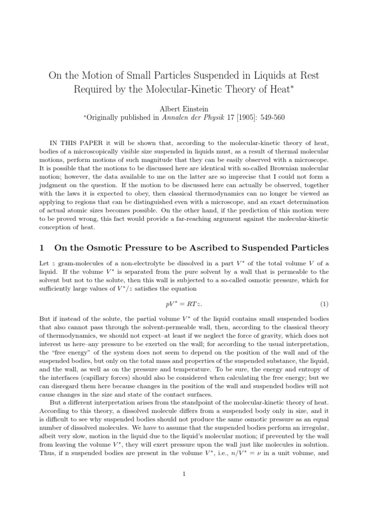 Einstein Diffusion1905 | PDF | Diffusion | Pressure