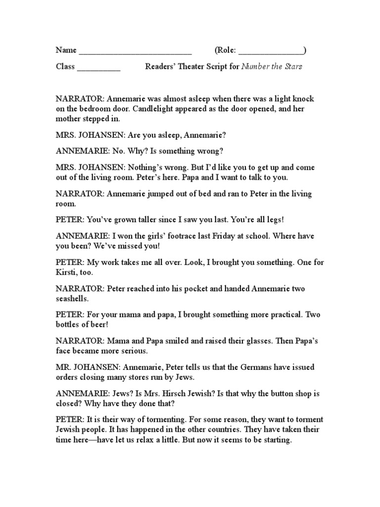 Readers' Theater: Number the Stars Script | PDF | Mystery, Thriller ...