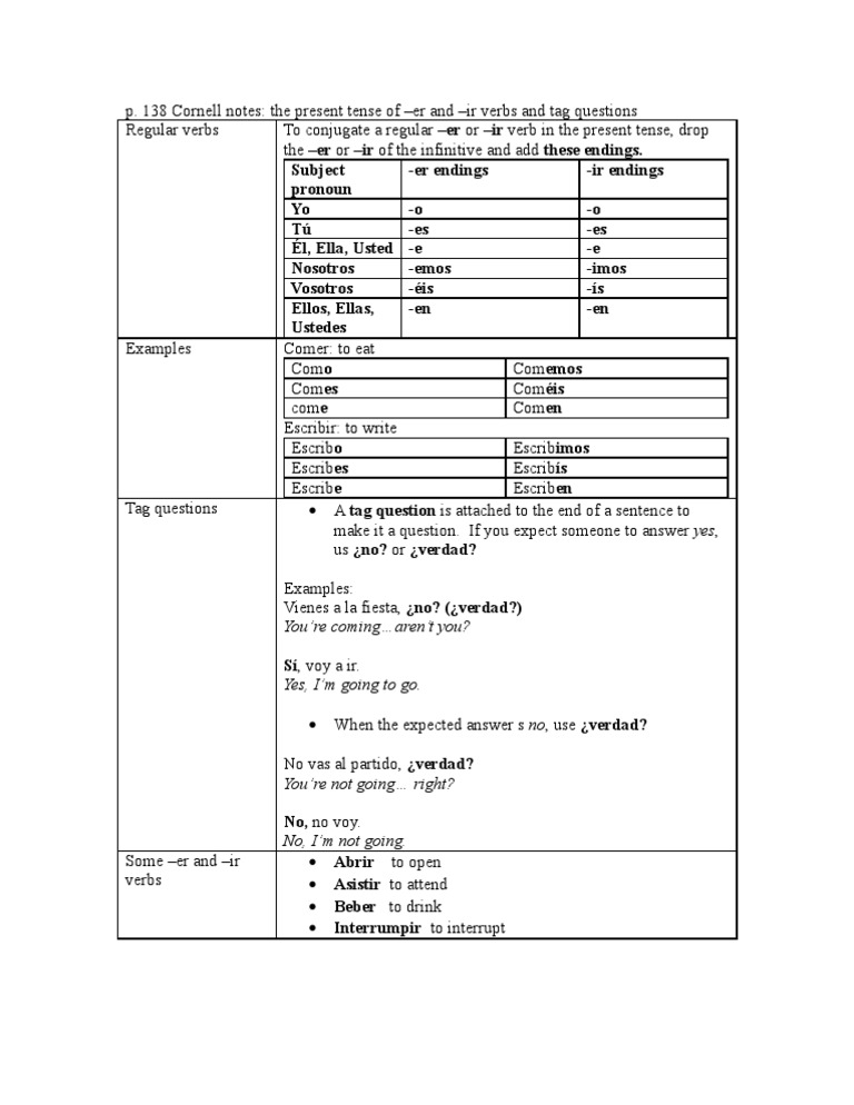 Present Tense of -er and -ir Verbs | PDF | Languages | Language Arts ...