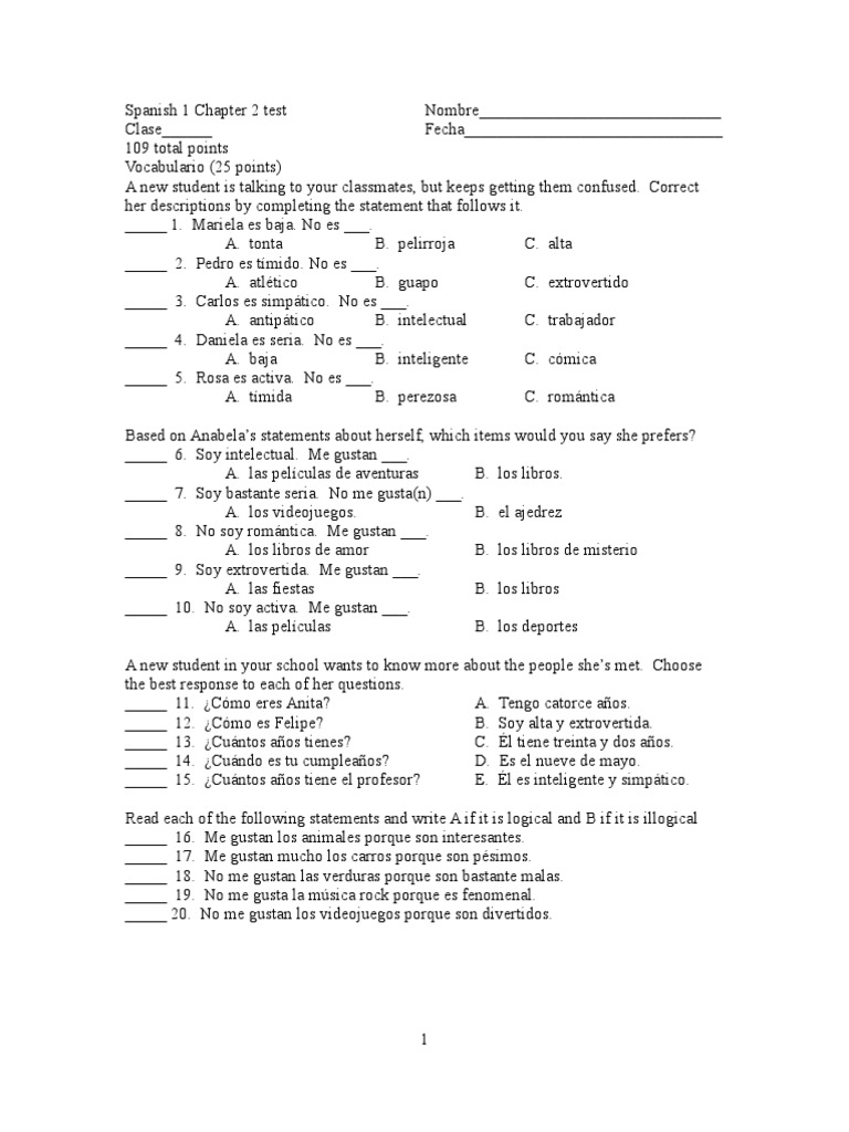 Examen de Español 1: Capítulo 2 | PDF | Ocio